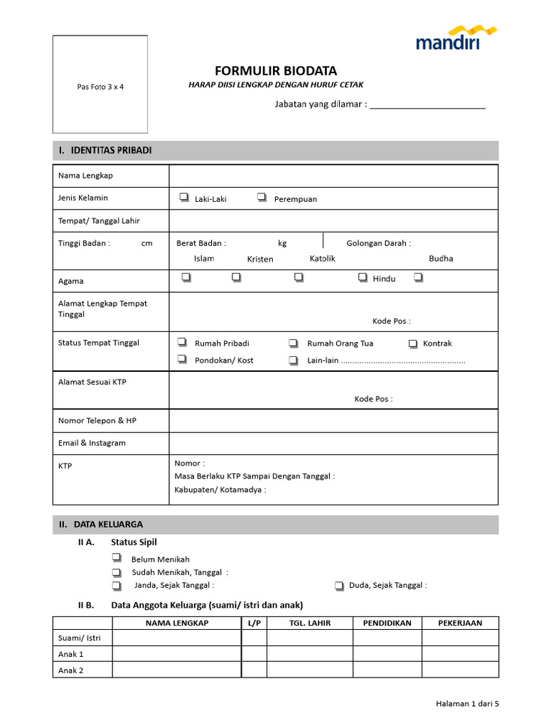 Mandiri Form Biodata | PDF