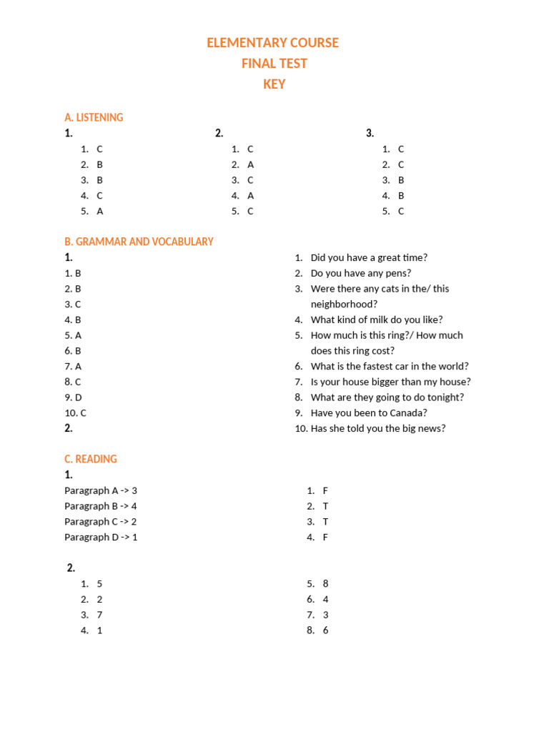 Elementary Course Final Test Answers | PDF