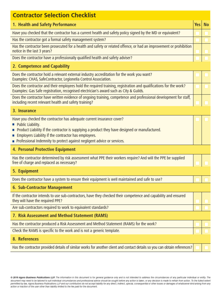 Contractor Selection Checklist Guide | PDF | Occupational Safety And ...