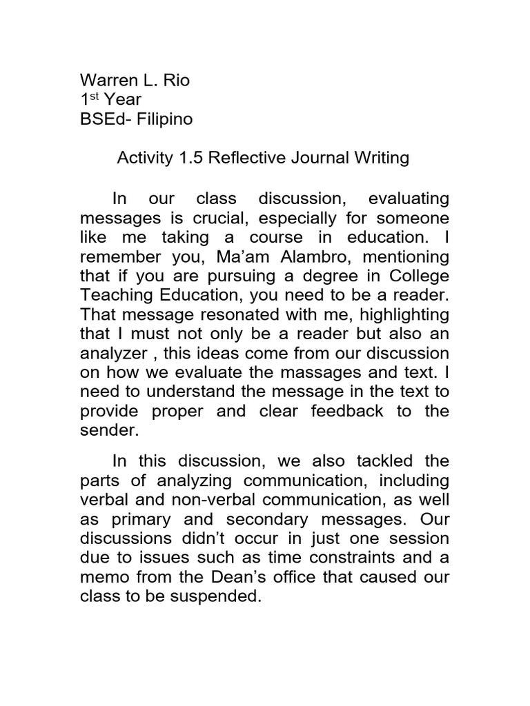 Rio. Activity 1.5 Reflective Journal Writing | PDF | Language Arts ...