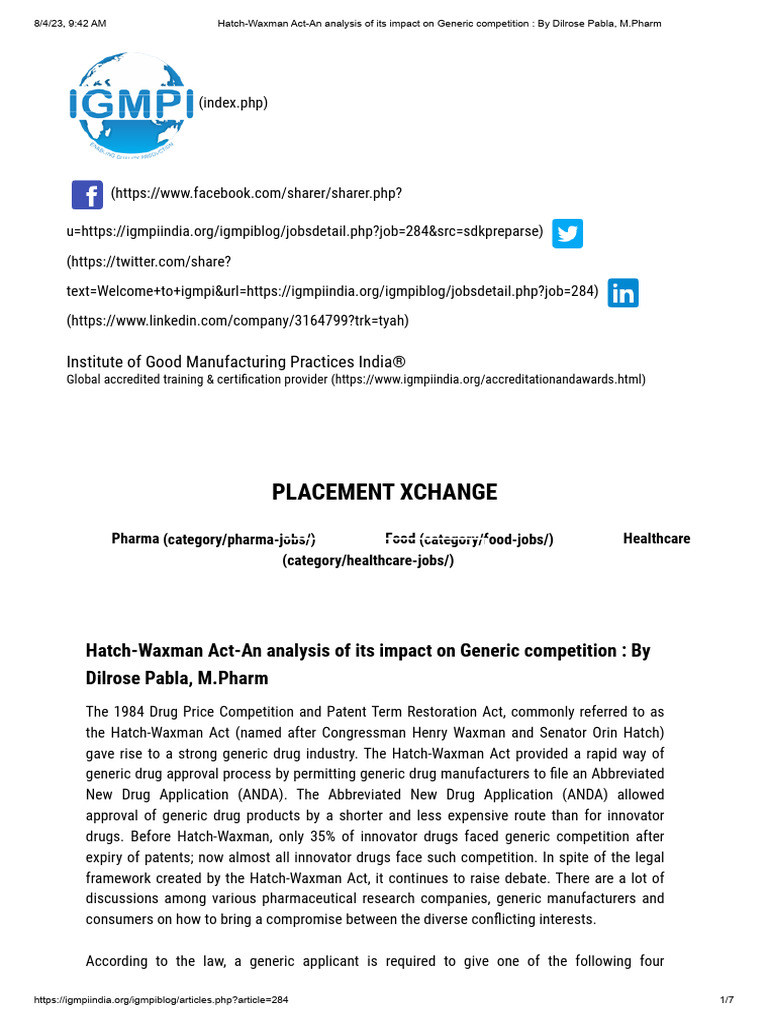 Case Study - HW Act | PDF | Generic Drug | Food And Drug Administration