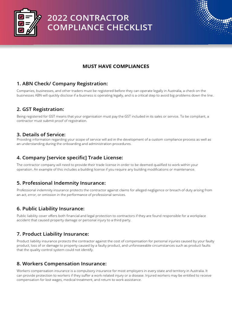 Contractor Compliance Checklist-1 | PDF | Professional Liability ...
