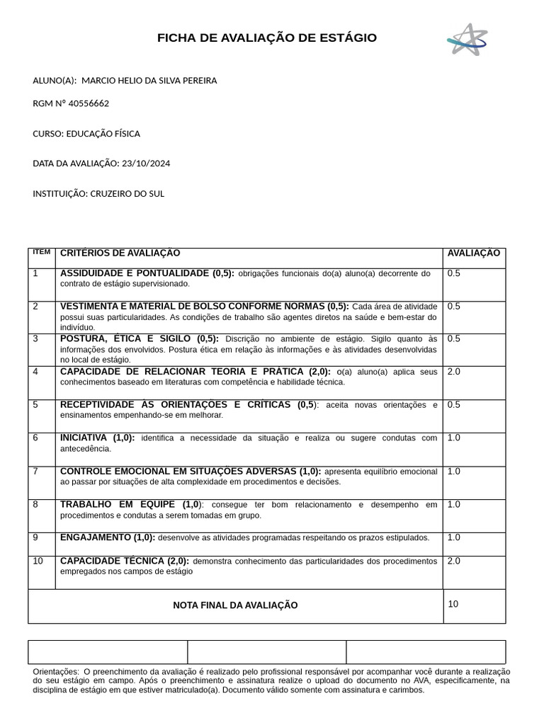 Ficha de Avaliacao de Estagio | PDF | Carreira e Crescimento | Arte