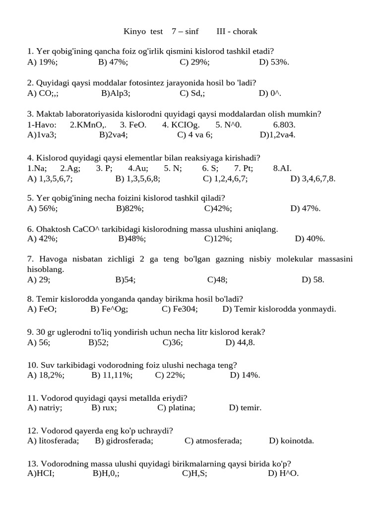 7 Sinf Kimyo Fanidan Testlar 1 | PDF