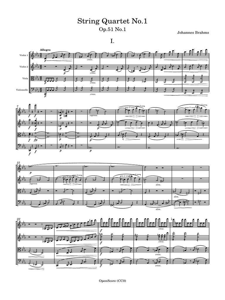 String Quartet No.1 Op.51 No.1 Johannes Brahms | PDF | Cello | Musical Compositions