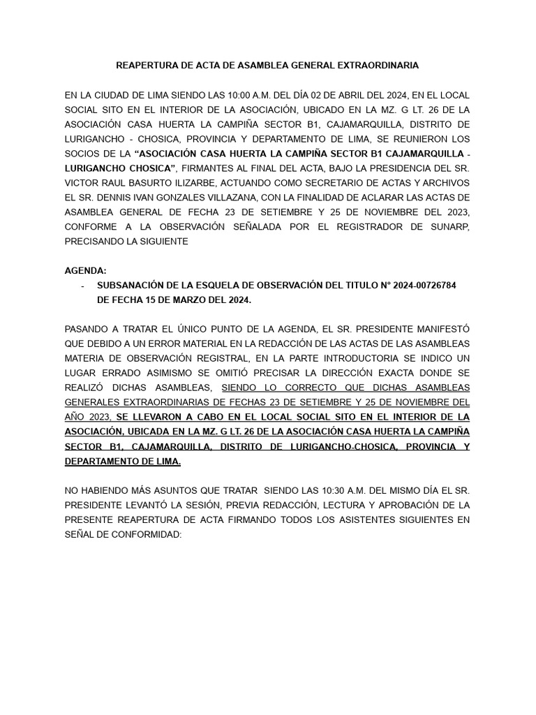 REAPERTURA DE ACTA DE ASAMBLEA GENERAL EXTRAORDINARIA | PDF