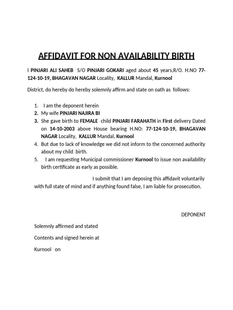 Affidavit For Non Availability Birth | PDF
