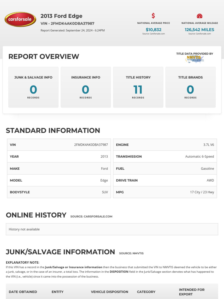 2013 Ford Edge Vehicle History Report | PDF | Fuel Economy In ...
