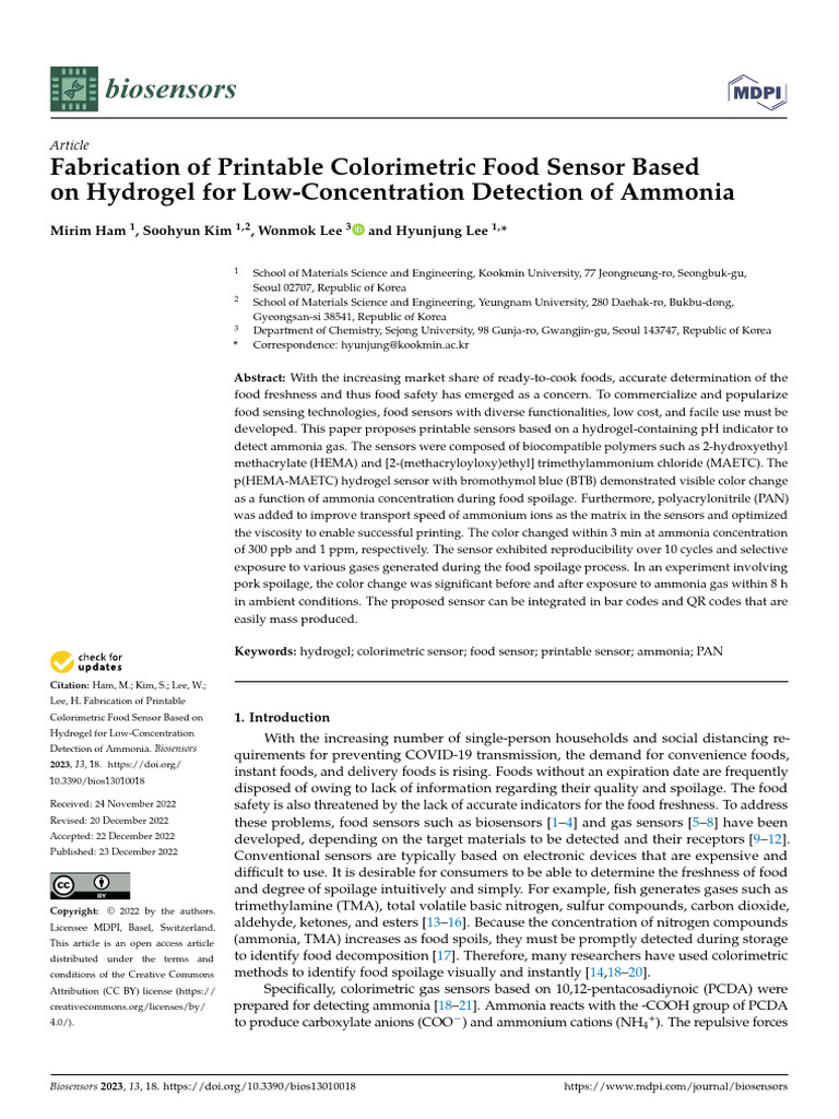 Biosensors 13 00018 | PDF | Ammonia | Sensor
