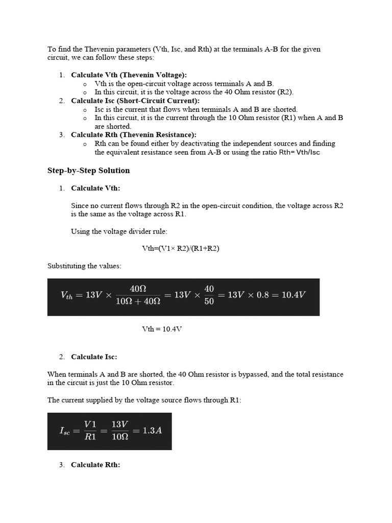 Step-by-Step Solution: Calculate VTH (Thevenin Voltage) : Calculate Isc ...