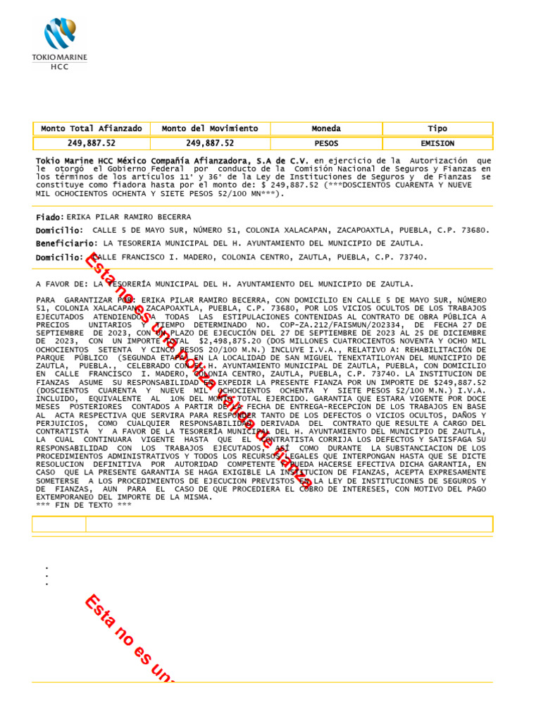 Previo Fianza Vicios o Tk-080838-0-1 Cto. Cop-Za.212faismun202334 | PDF ...