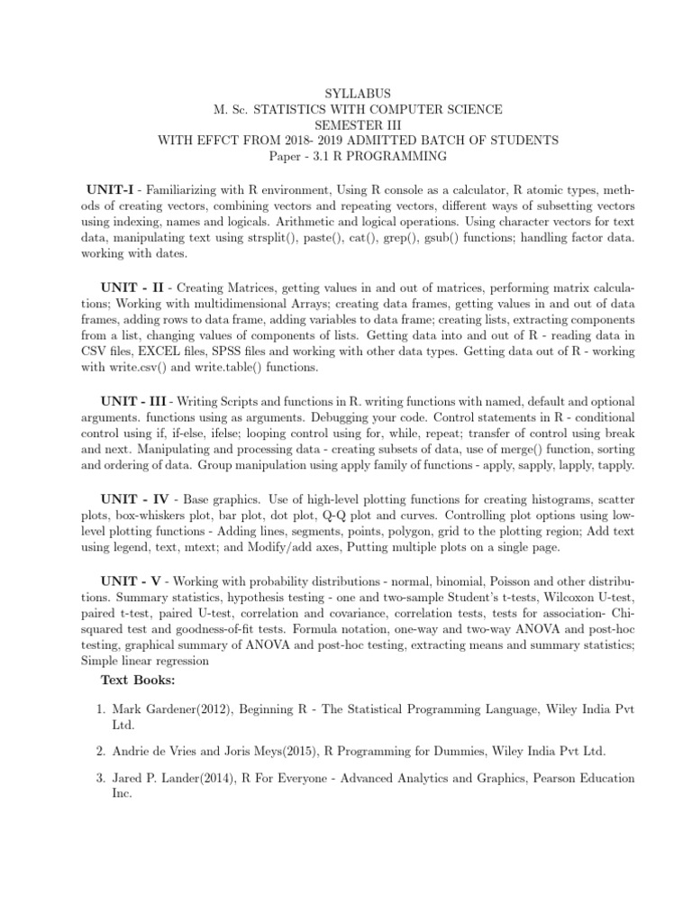 M.Sc. Statistics: R Programming Syllabus | PDF | Function (Mathematics) | Parameter (Computer ...