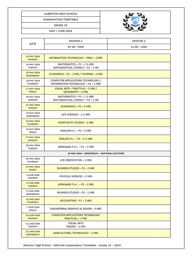 Exam Timetable Mid Year Grade 10 2024 | PDF