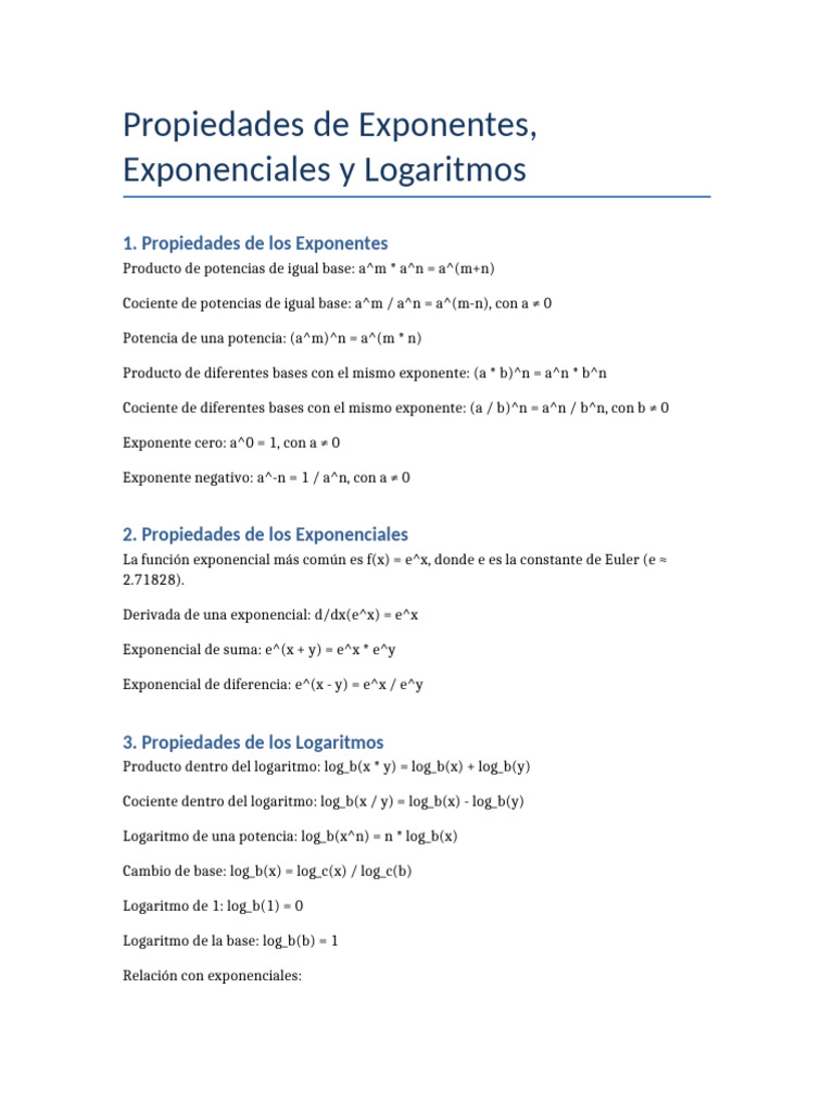 Propiedades Exponentes Exponenciales Logaritmos | PDF