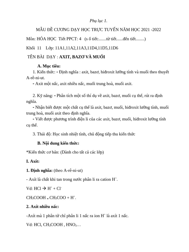 ĐỀ CƯƠNG BÀI AXIT, BAZO VÀ MUỐI DAY HOC TRUC TUYEN 21-22 | PDF