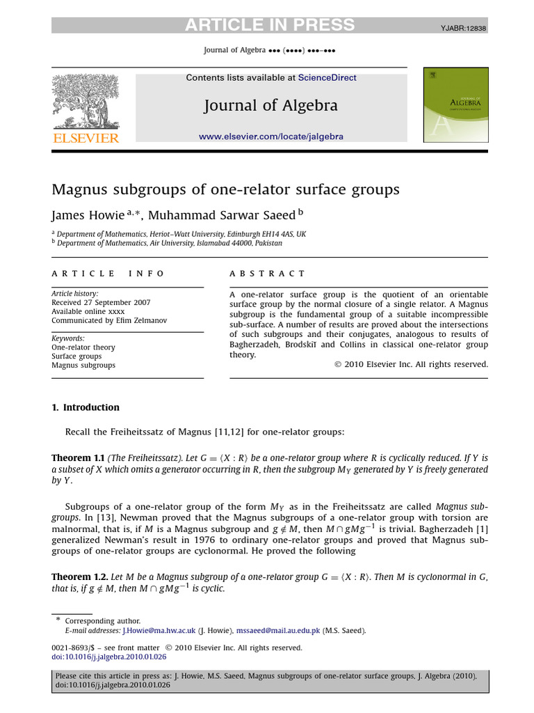 Magnus subgroups of one-relator surface groups | PDF | Group (Mathematics) | Mathematics