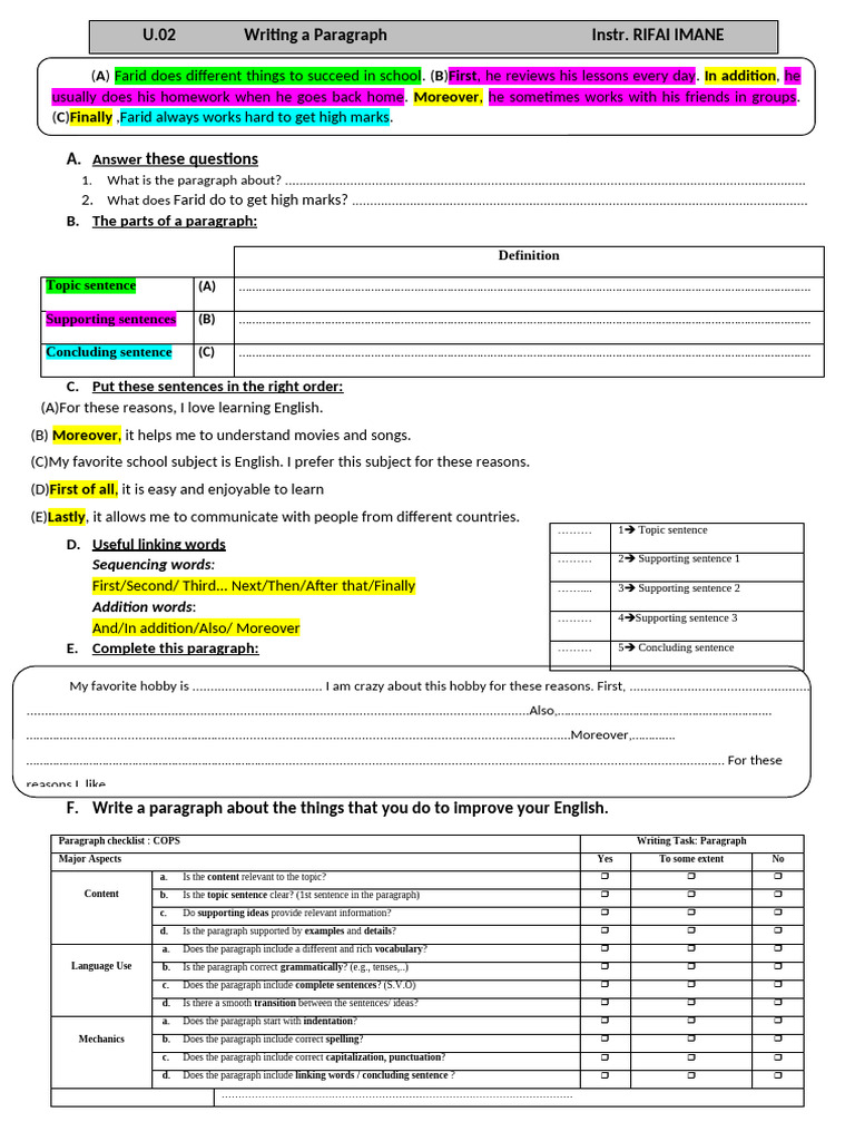 Worksheet Writing A Paragraph 1bac | PDF | Paragraph | Word