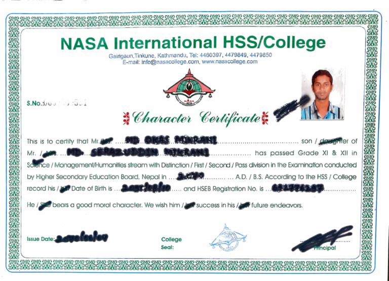 12th Character Certificate | PDF