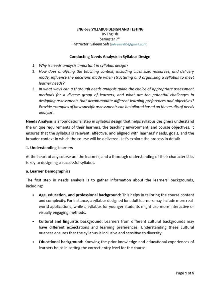 Needs Analysis in Syllabus Design | PDF | Learning | Educational Assessment