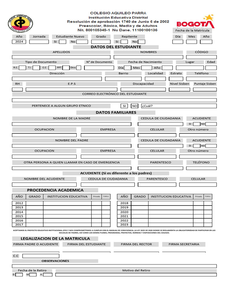 Hoja de Matricula - 2024 | PDF | Documento de identidad