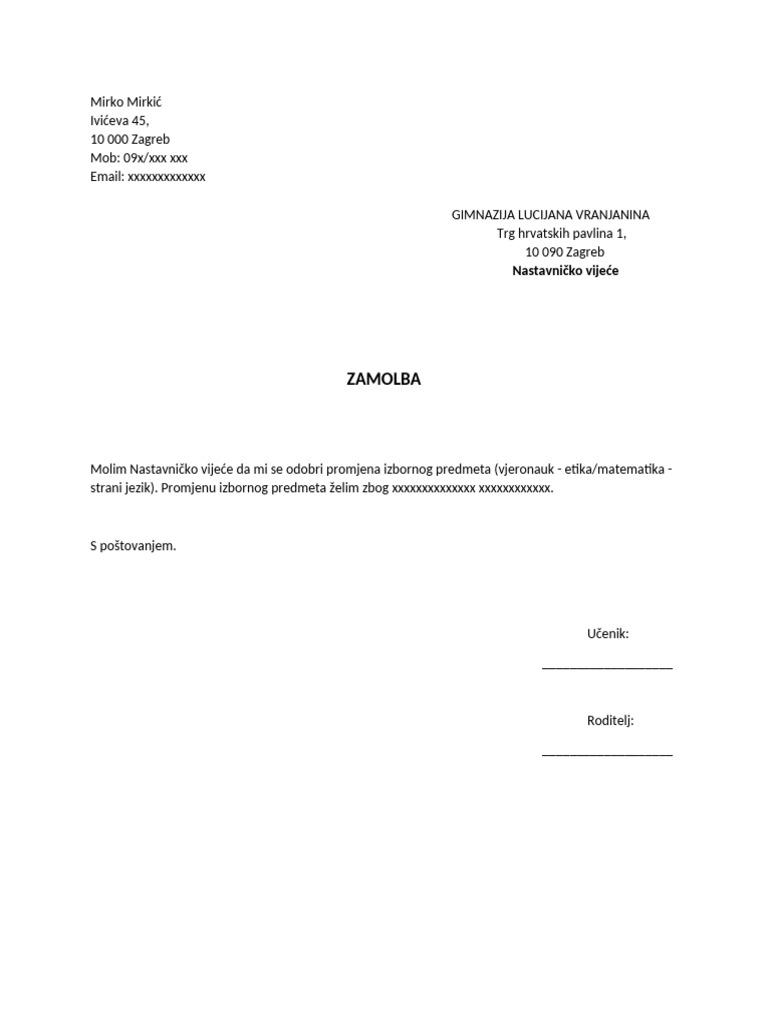 Primjerak Zamolbe (Predmeti) | PDF