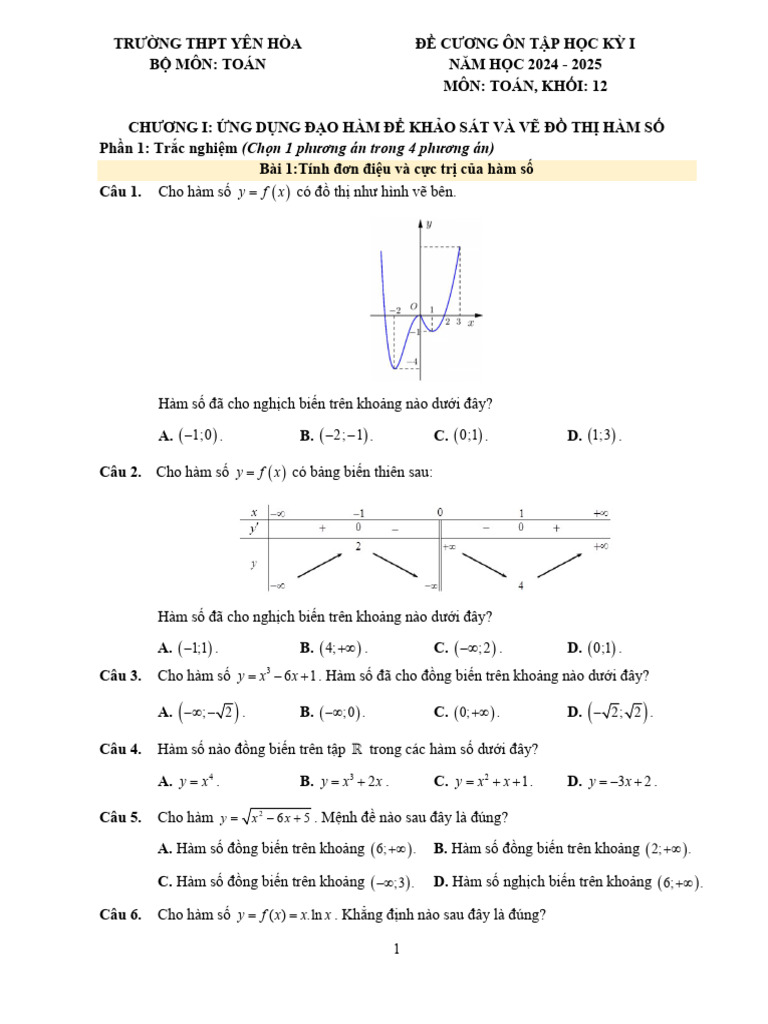 De Cuong Hoc Ky 1 Toan 12 Nam 2024 2025 Truong THPT Yen Hoa Ha Noi | PDF