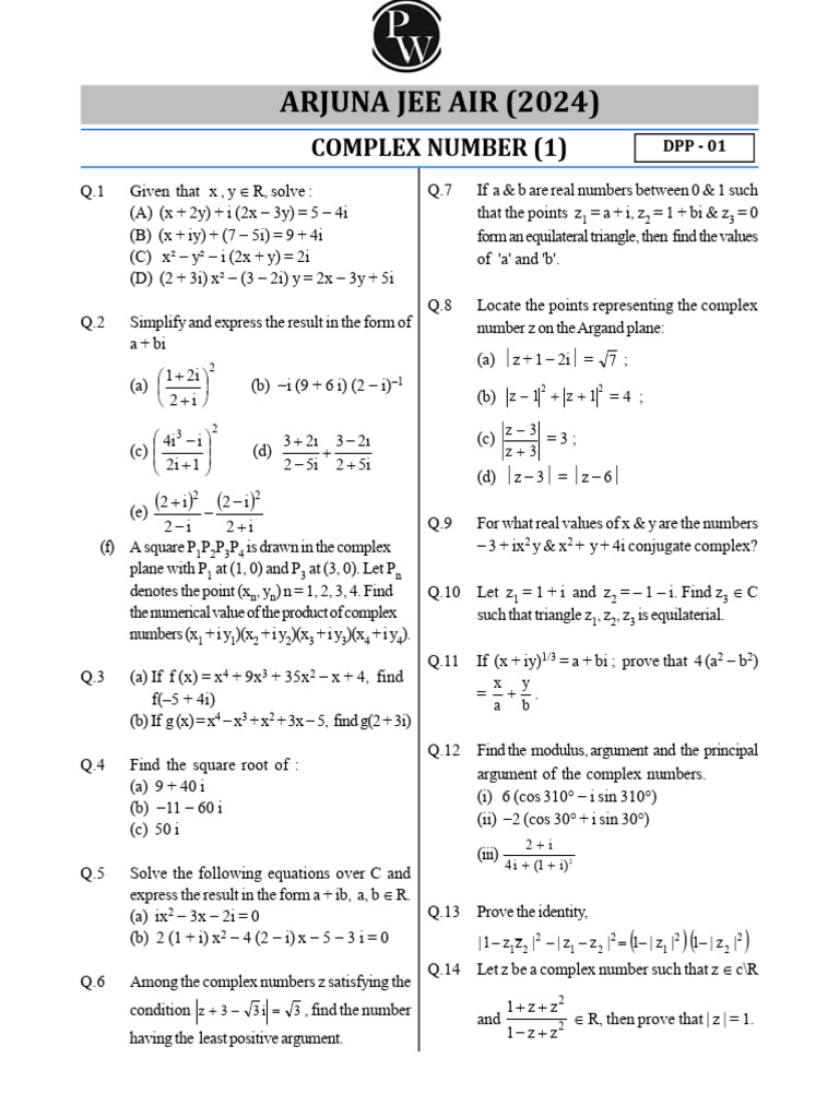 Complex Number 1 Dpp 01 Of Lec 03 Arjuna Jee 2024 Pdf Complex Number Numbers 