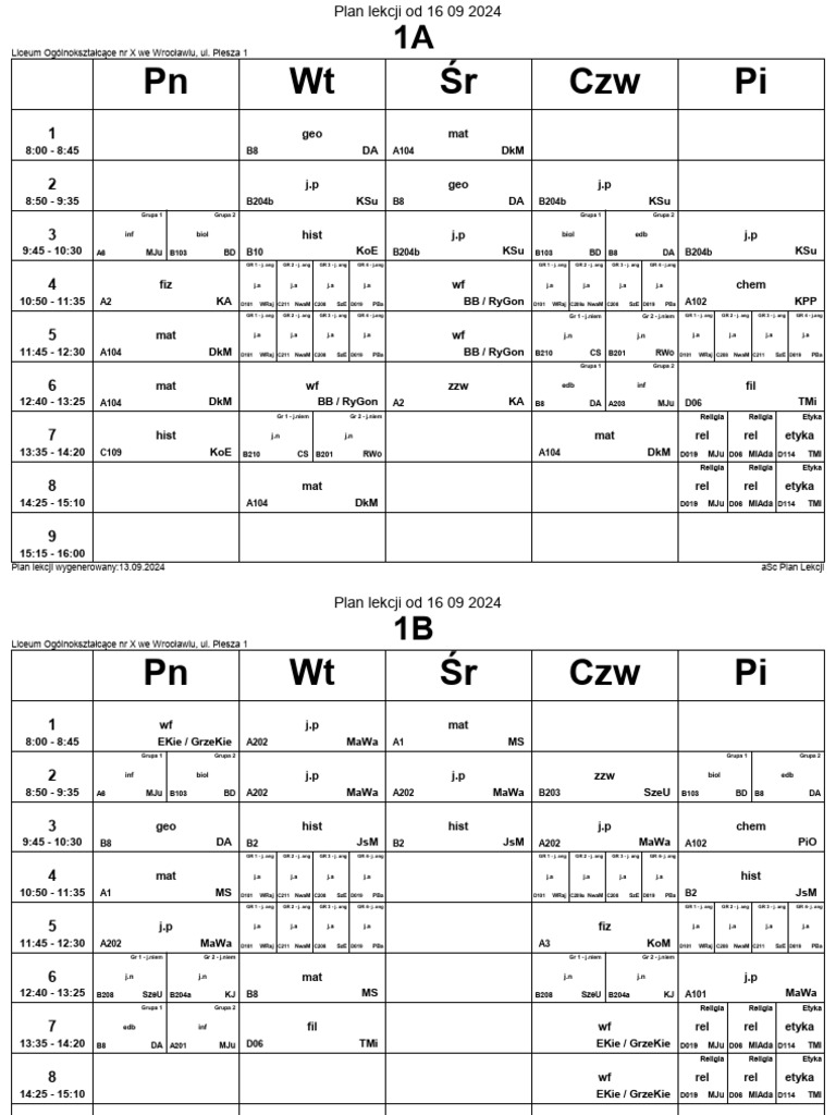 Plan Klas 13 09 2024 | PDF