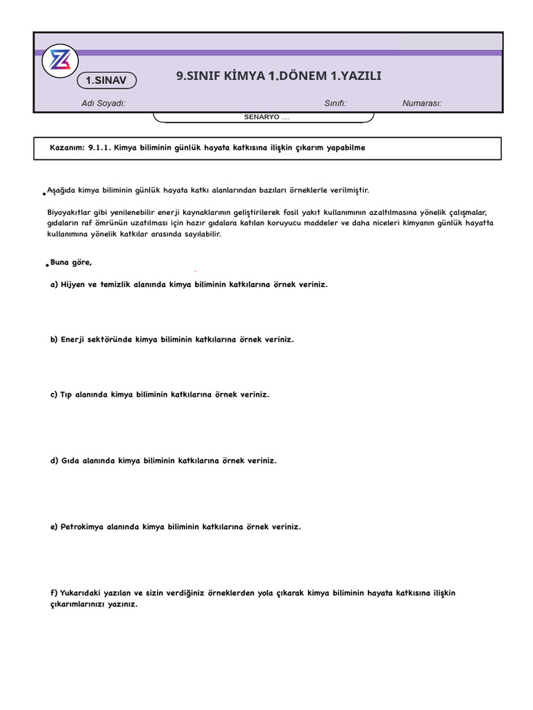 9.sinif Kimya 1.donem 1.yazili Sorulari | PDF