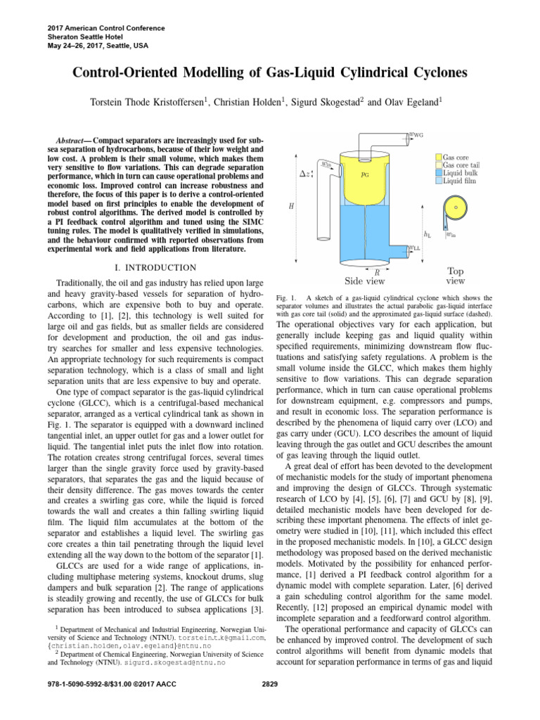Control Oriented Modelling Of Gas Liquid Cylindrical Cyclones Pdf