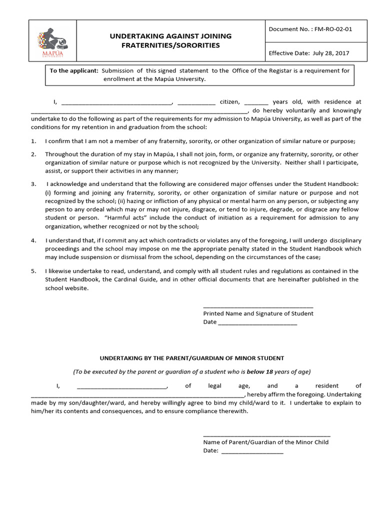 Undertaking Against Joining | PDF | Fraternities And Sororities | Justice