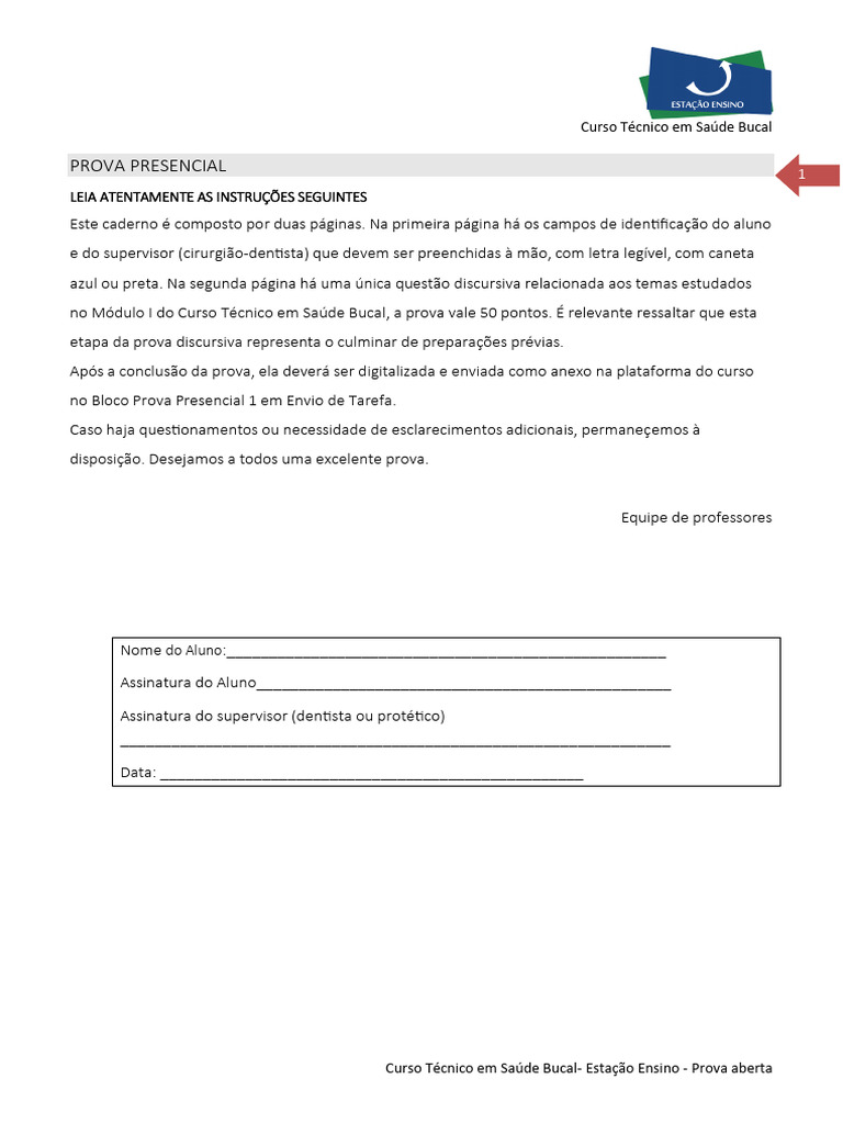 Prova Aberta Aluno TSB - Mod I-1 | PDF | Odontologia | Dentista