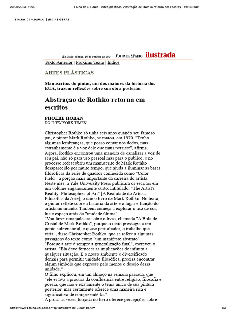 Folha de S.Paulo - Artes Plásticas - Abstração de Rothko Retorna em ...