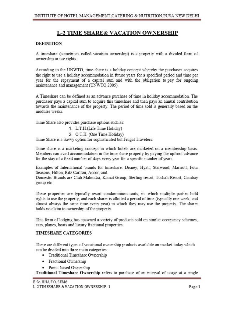 L - 2 Timeshare & Vacation Ownership - 1 | PDF | Hospitality Industry L - 2 Timeshare & Vacation Ownership - 1 | PDF | Hospitality Industry