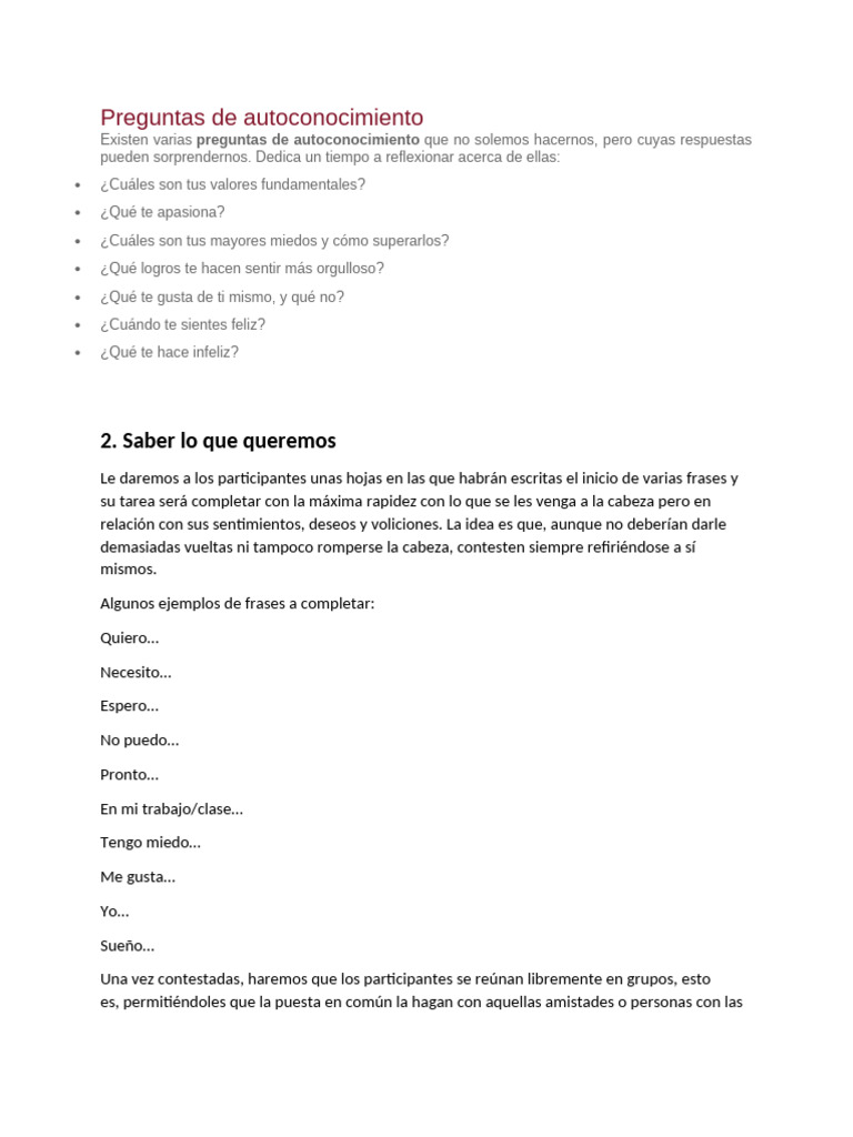 Preguntas para el autoconocimiento personal | PDF | Crecimiento ...