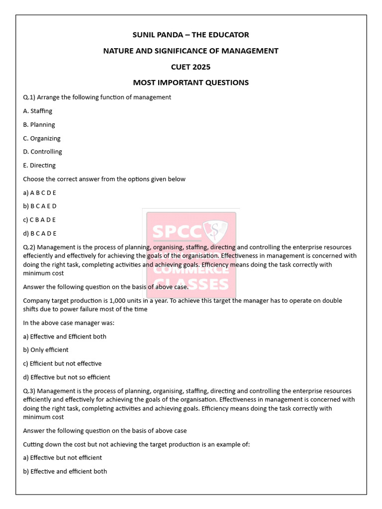 Management BST MCQ CUET Questions | PDF | Profession | Economies
