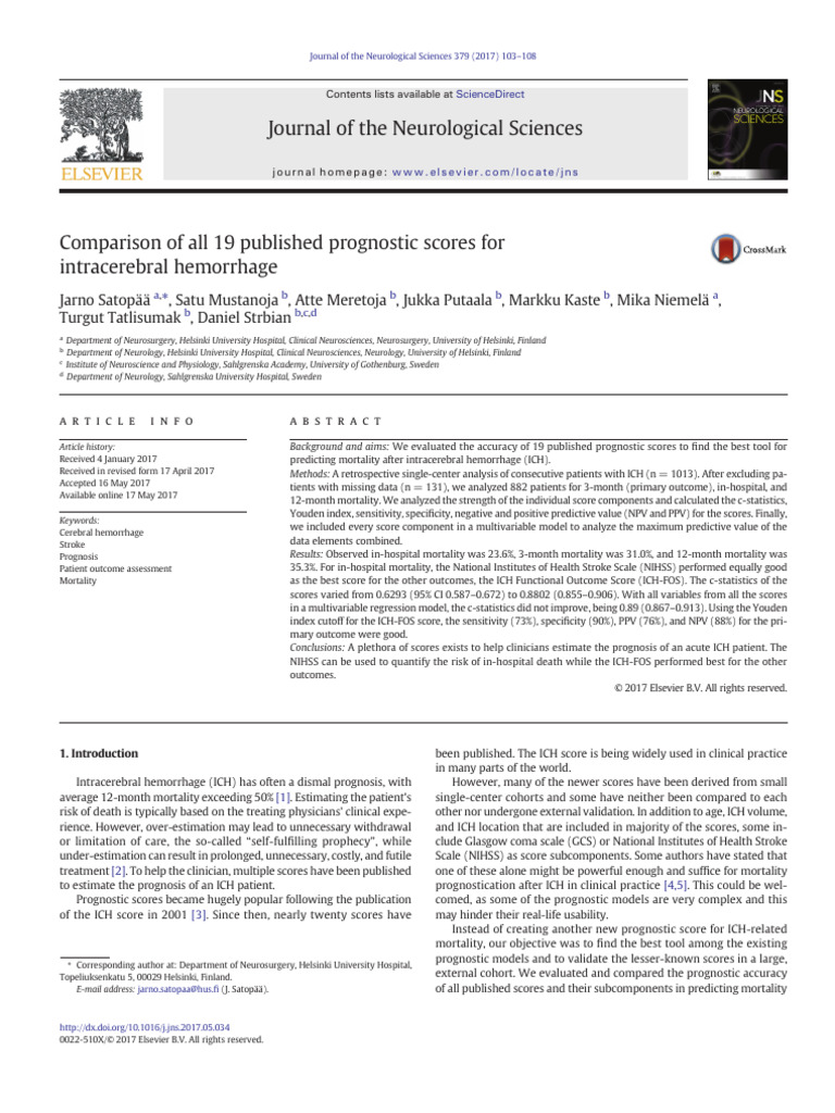 Comparison of Prognostic Scores For ICH | PDF | Receiver Operating Characteristic | Regression ...