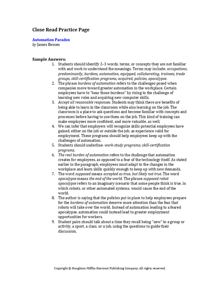 Sample Answers - Close Read Practice | PDF | Automation | Employment