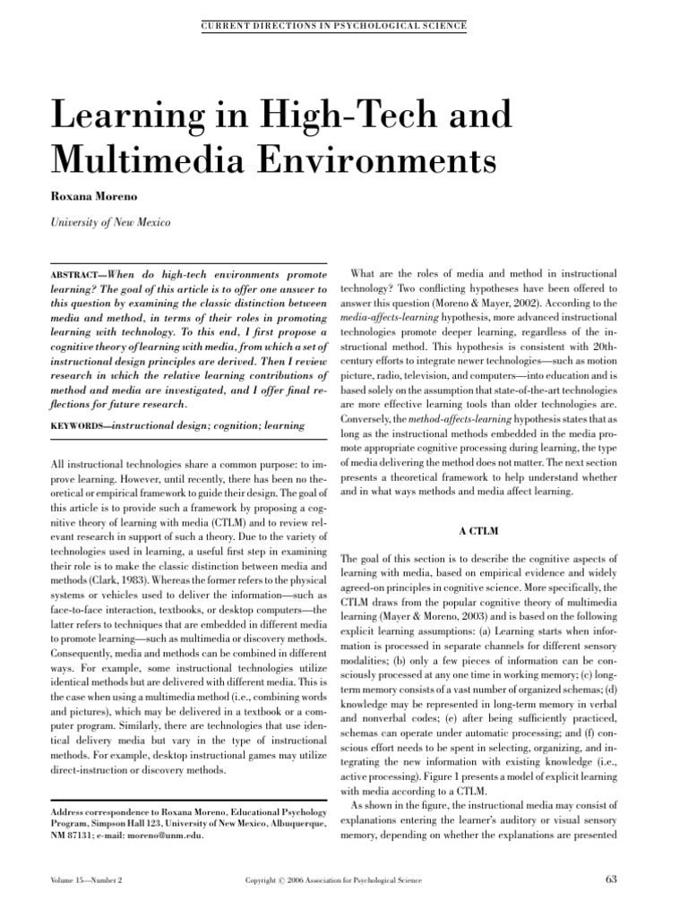 Moreno 2006 Learning in high tech multimedia environments | PDF | Learning | Memory