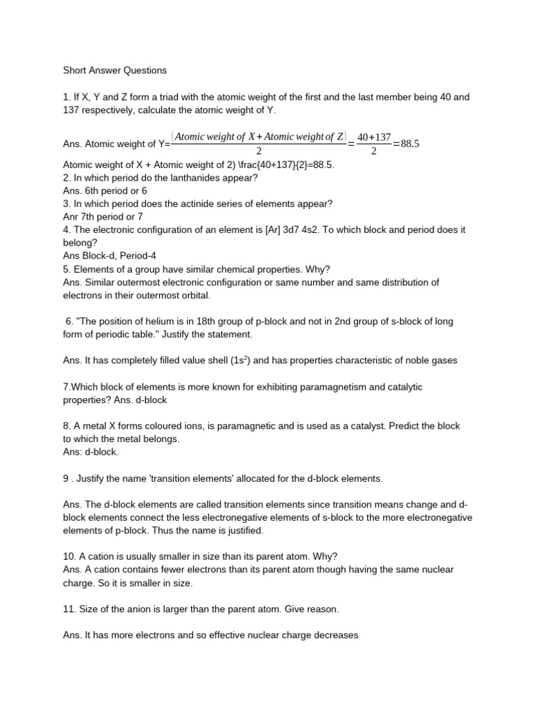 Chemistry Short Answer Questions | PDF | Ion | Periodic Table