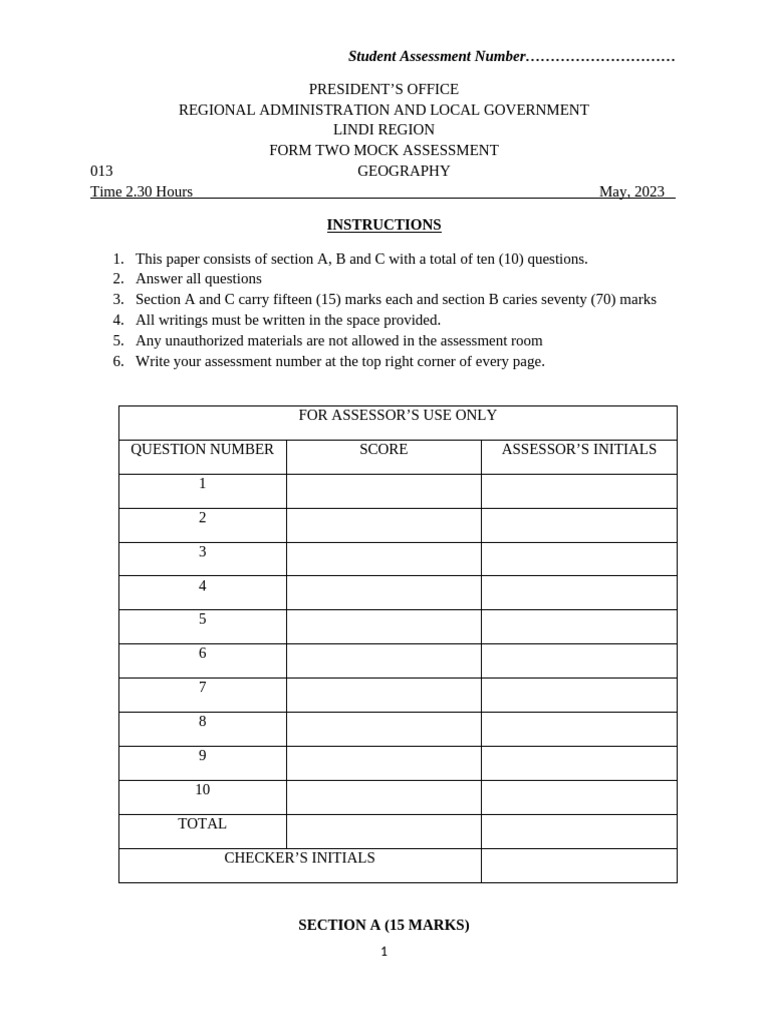 Form Two Geography Mock Exam 2023 | PDF | Longitude | Equator