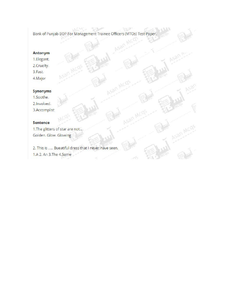 Bank of Punjab - BOP - MTO - Management Trainee Program Test - 2019 | PDF