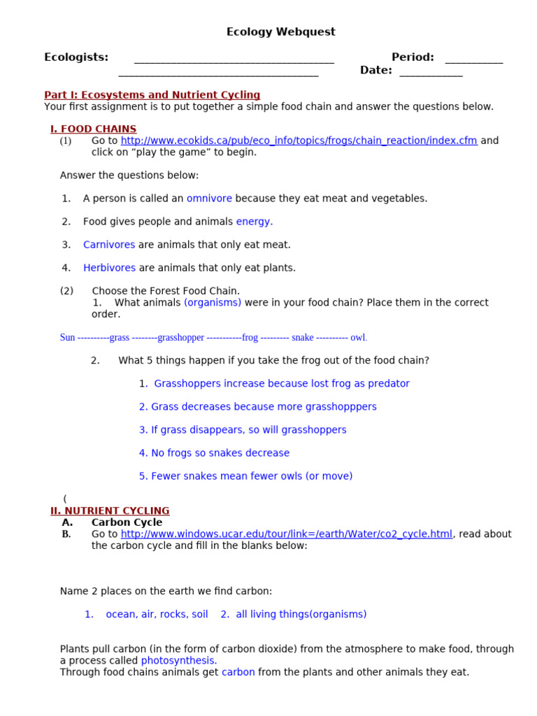 Ecology - Webquest - Day 2 Key | PDF | Foods | Plants