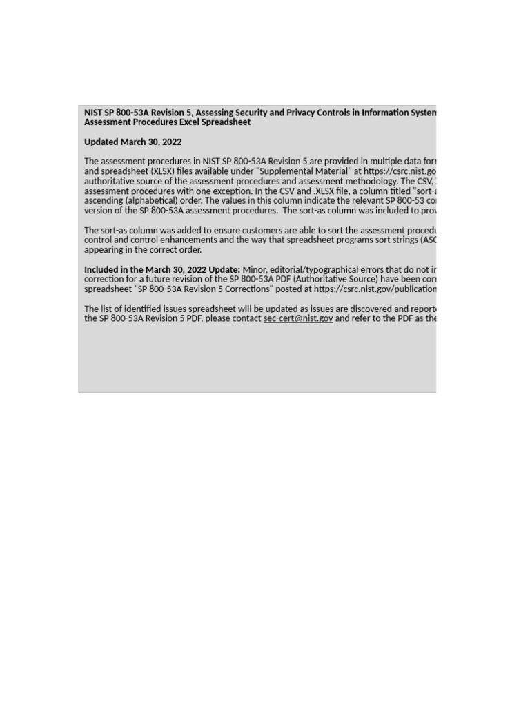 Sp800 53ar5 Assessment Procedures | PDF | Microsoft Excel | Comma Separated Values