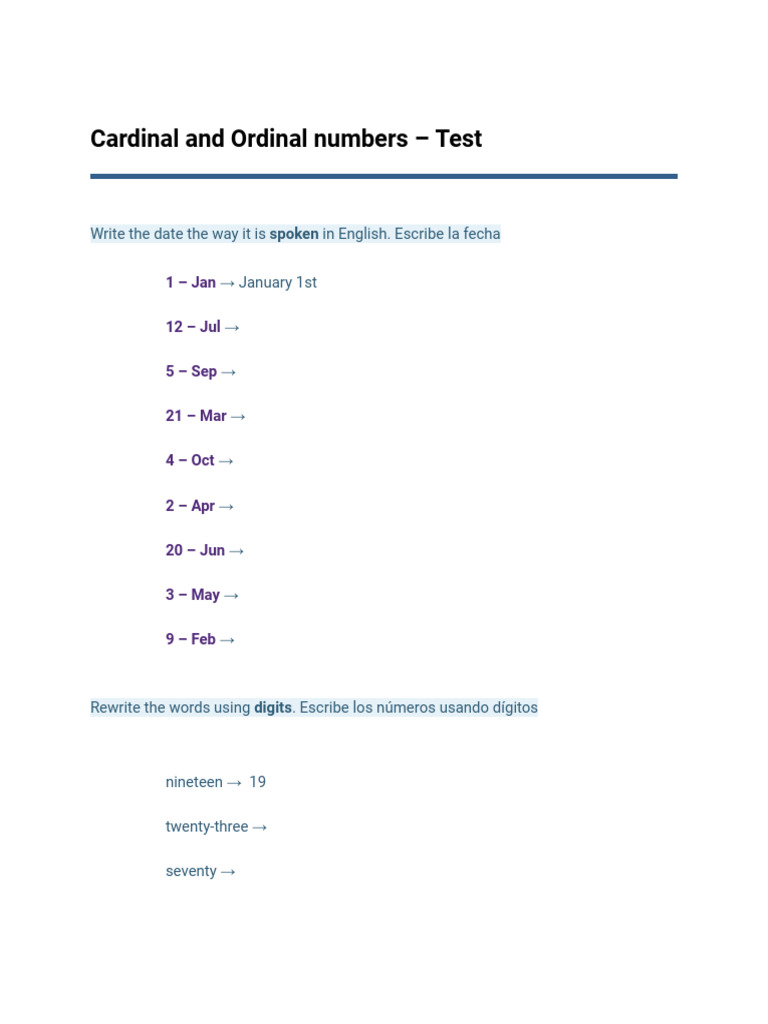 Cardinal and Ordinal Numbers - Test-1 | PDF | Foreign Language Studies ...