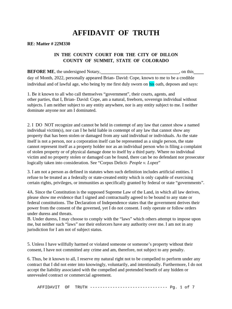 AFFIDAVITOFTRUTHtemplate | PDF | Affidavit | Private Law