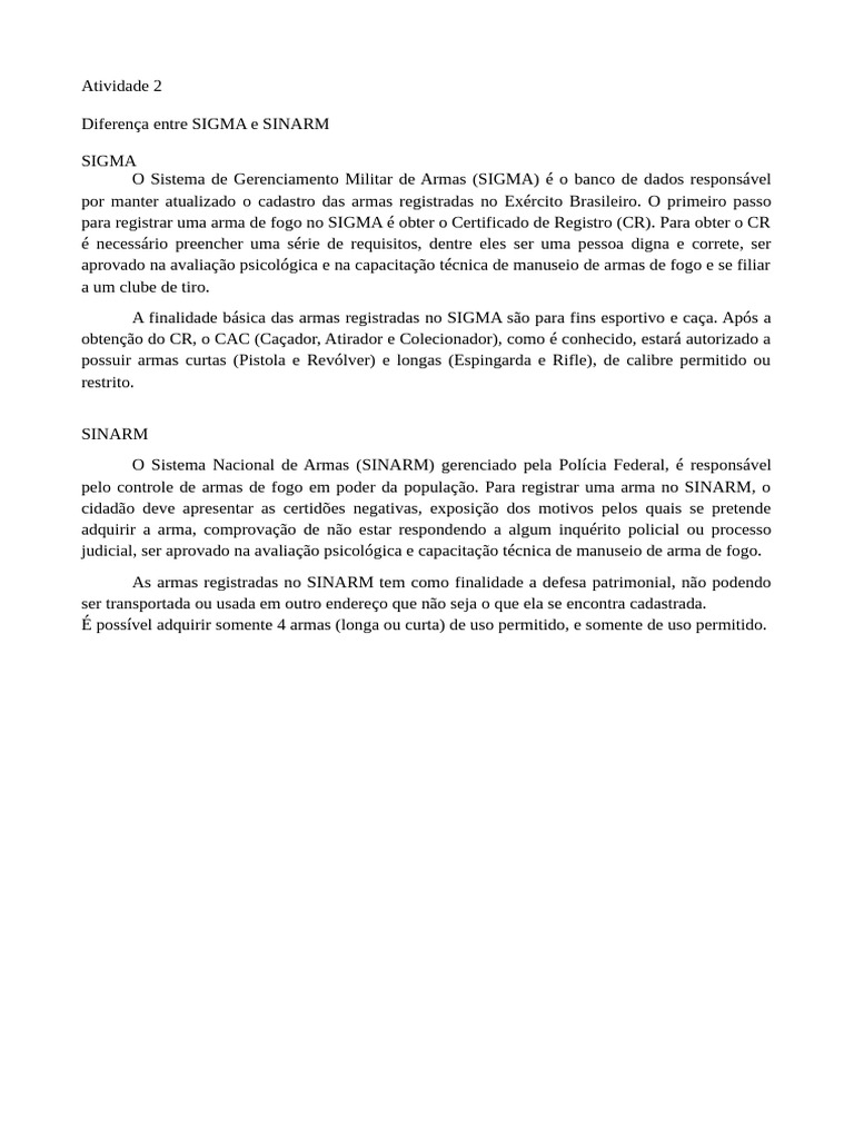 SIGMA vs SINARM: Registro de Armas no Brasil | PDF | Direito