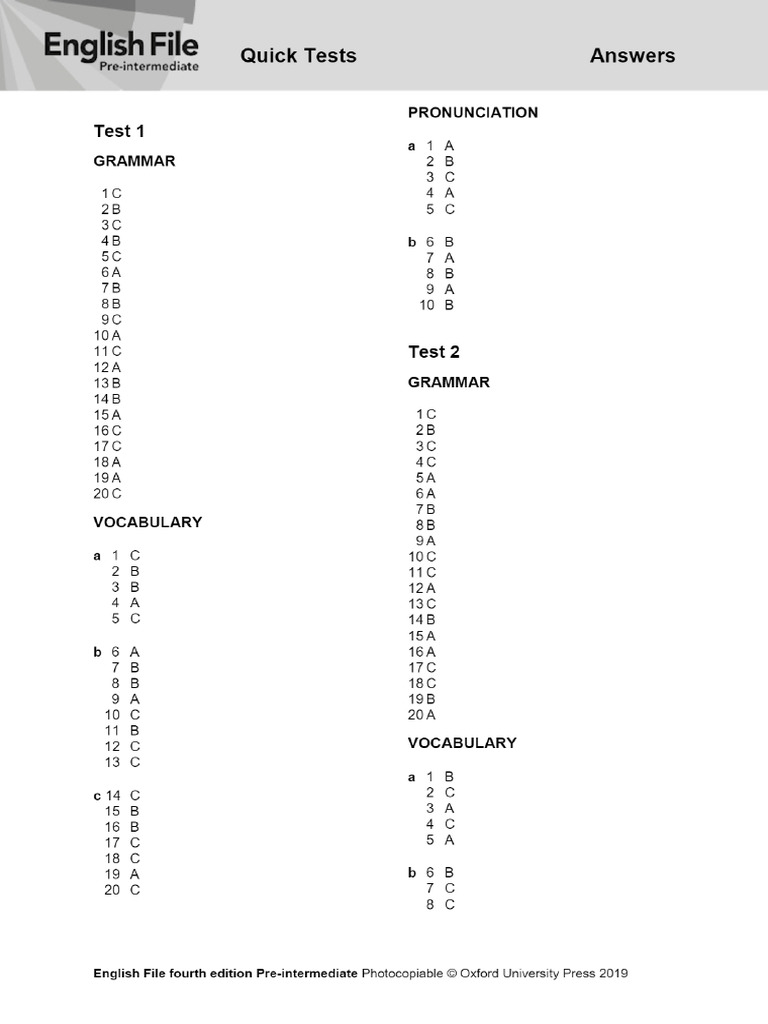 Quicktest EF Preintermediate Answerkey | PDF
