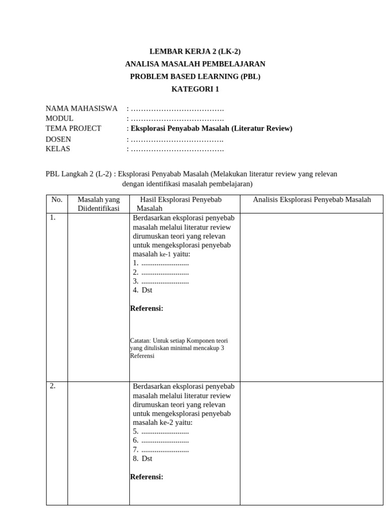 Lembar Kerja 2 (Lk-2) Analisa Masalah Pembelajaran Problem Based Learning (PBL) Kategori 1 | PDF