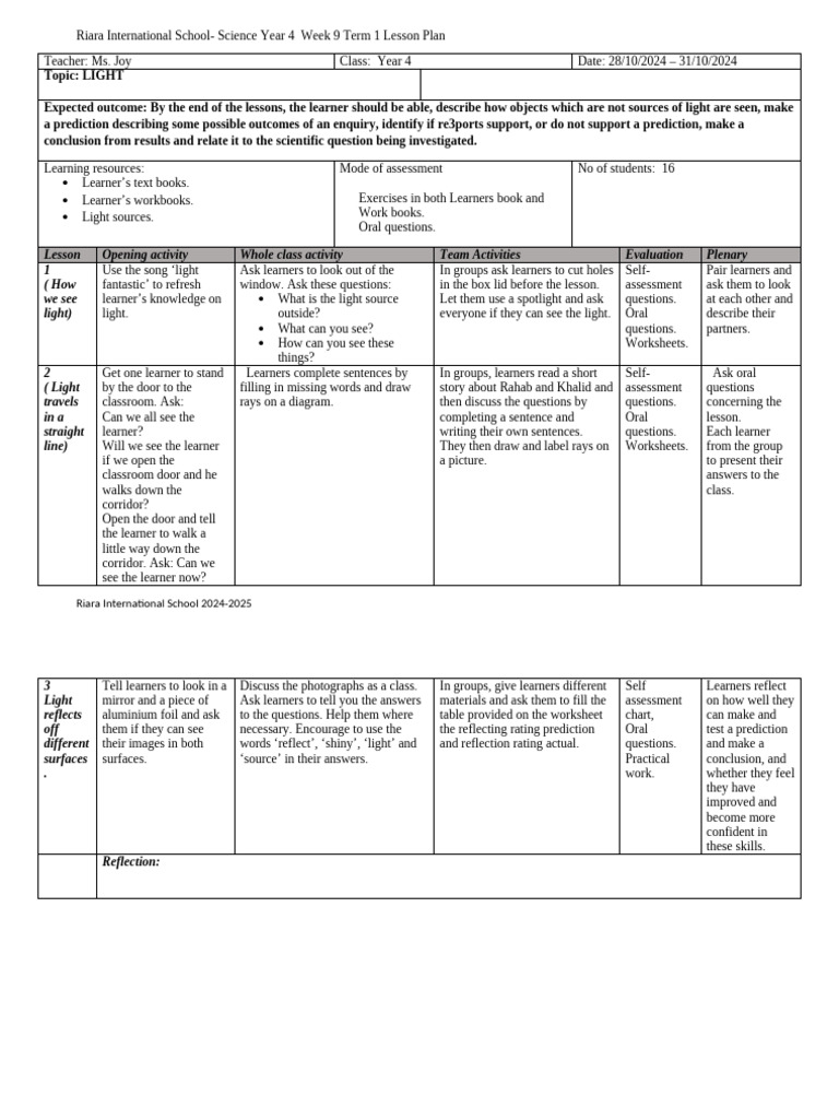 Science Lesson Plans Year 4 Term 1 Week 9 (1) F | PDF | Learning ...